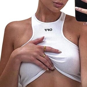 Womens Ribbed Sleeveless Halter Racerback Slim Fit Tank top Crop Tops ShirtStreetwear (White, L)