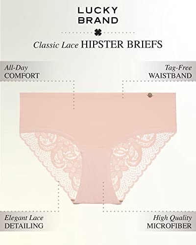 Lucky Brand Women's Underwear - Microfiber Lace Hipster Briefs (3 Pack), Size Large, Gardenia/Natural/Black