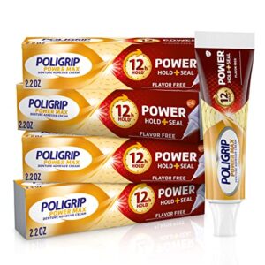 poligrip power max power hold plus seal denture adhesive cream, denture cream for secure hold and food seal, flavor free - 2.2 oz (pack of 4)