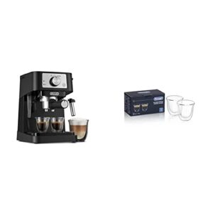 de'longhi stilosa manual espresso machine, latte & cappuccino maker, 15 bar pump pressure + manual milk frother steam wand & delonghi double walled thermo espresso glasses, set of 2, regular, clear