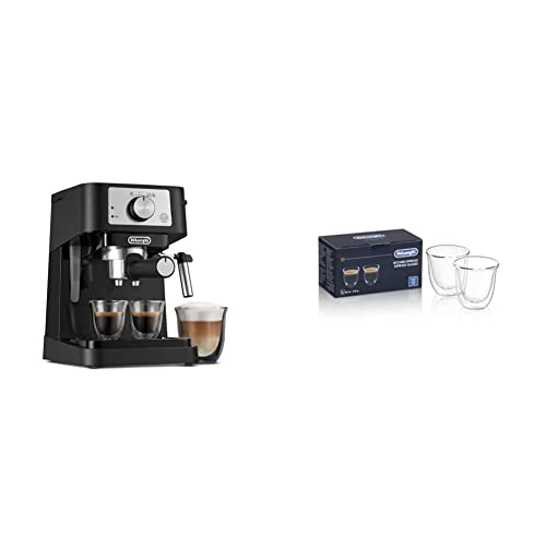 De'Longhi Stilosa Manual Espresso Machine, Latte & Cappuccino Maker, 15 Bar Pump Pressure + Manual Milk Frother Steam Wand & DeLonghi Double Walled Thermo Espresso Glasses, Set of 2, Regular, Clear