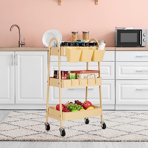 danpinera 3-Tier Rolling Cart, Metal Rolling Storage Cart with Lockable Wheels & Hanging Cups & Hooks, Mobile Trolley Cart for Kitchen, Bathroom, Office, Workshop, Yellow