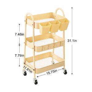 danpinera 3-Tier Rolling Cart, Metal Rolling Storage Cart with Lockable Wheels & Hanging Cups & Hooks, Mobile Trolley Cart for Kitchen, Bathroom, Office, Workshop, Yellow