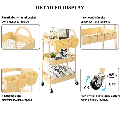 danpinera 3-Tier Rolling Cart, Metal Rolling Storage Cart with Lockable Wheels & Hanging Cups & Hooks, Mobile Trolley Cart for Kitchen, Bathroom, Office, Workshop, Yellow