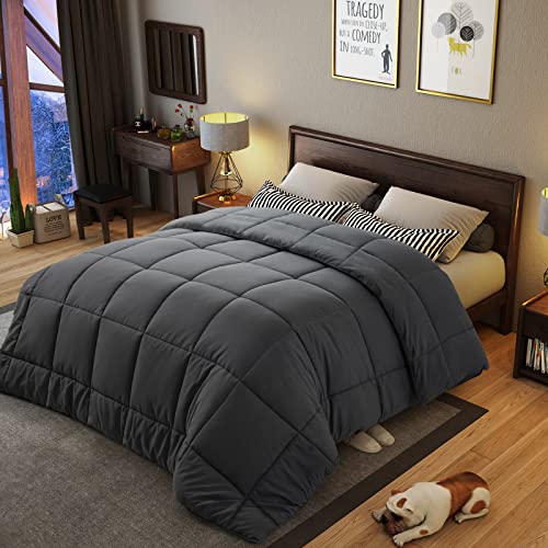 Queen Size Comforter,Luxurious All Season Cooling Fluffy Soft Quilted Down Alternative Comforter Reversible Duvet Insert with Corner Tabs,Dark Grey,88x88 Inches