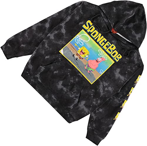 Mens Spongebob Squarepants Classic Hoodie - Spongebob, Patrick & Krusty Krab Tie Dye Hoodie Sweatshirt (Black Dye, Large)