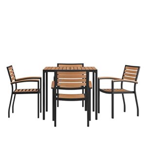 flash furniture 5 piece outdoor dining table set - synthetic teak poly slats - 35" square steel framed table with umbrella holder hole - 4 stackable club chairs