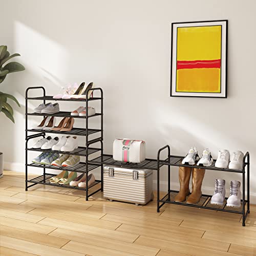 Simple Trending 3-Tier Stackable Shoe Rack, Expandable & Adjustable Shoe Shelf Storage Organizer, Wire Grid, Black