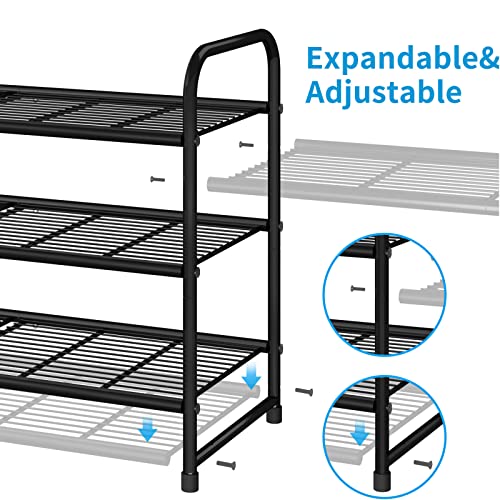 Simple Trending 3-Tier Stackable Shoe Rack, Expandable & Adjustable Shoe Shelf Storage Organizer, Wire Grid, Black