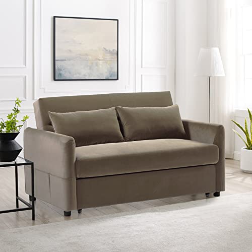 Aoowow Convertible Sleeper Sofa Bed 57 Inches, Velvet 2 Seats Sofa with Pull Out Bed,Loveseat Sofa Couch with Adjustable Backrest, 2 Pillows Side Pocket for Living Room Small Apartment (Light Brown)