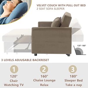 Aoowow Convertible Sleeper Sofa Bed 57 Inches, Velvet 2 Seats Sofa with Pull Out Bed,Loveseat Sofa Couch with Adjustable Backrest, 2 Pillows Side Pocket for Living Room Small Apartment (Light Brown)