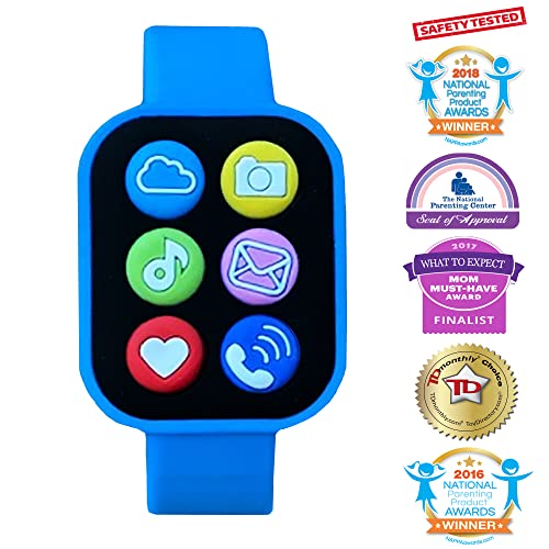 Silli Chews Silicone Baby Smart Watch Wrist Teether for Teething Relief | Hand Teethers for Babies Infants and Toddlers | Kids Teething Ring Toys Pretend Play Phone Baby Teether Blue Silly Chew Toy