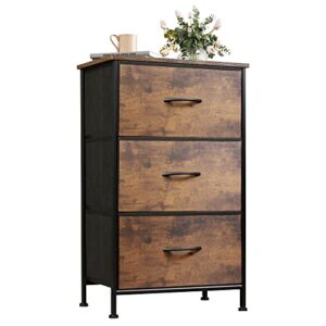 wlive dresser with 3 drawers, fabric nightstand, organizer unit, storage dresser for bedroom, hallway, entryway, closets, sturdy steel frame, wood top, easy pull handle, rustic brown wood grain print