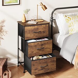 WLIVE Dresser with 3 Drawers, Fabric Nightstand, Organizer Unit, Storage Dresser for Bedroom, Hallway, Entryway, Closets, Sturdy Steel Frame, Wood Top, Easy Pull Handle, Rustic Brown Wood Grain Print