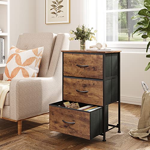 WLIVE Dresser with 3 Drawers, Fabric Nightstand, Organizer Unit, Storage Dresser for Bedroom, Hallway, Entryway, Closets, Sturdy Steel Frame, Wood Top, Easy Pull Handle, Rustic Brown Wood Grain Print