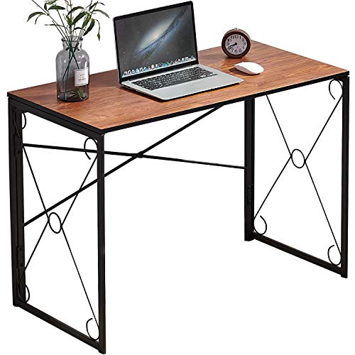 VECELO Folding Computer Desk 39.4'', Simple Laptop Table Home Office Workstation for Reading Writing, No Assembly Needed, Small Space, Brown