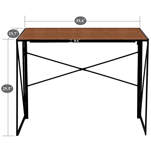 VECELO Folding Computer Desk 39.4'', Simple Laptop Table Home Office Workstation for Reading Writing, No Assembly Needed, Small Space, Brown