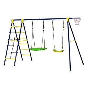 outsunny kids metal swing set for backyard, outdoor play equipment, with saucer swing adjustable swing seat, basket hoop, climb ladder, net, a-frame metal stand, for 3-10 years old, green