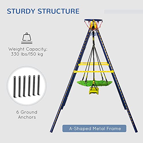 Outsunny Kids Metal Swing Set for Backyard, Outdoor Play Equipment, with Saucer Swing Adjustable Swing Seat, Basket Hoop, Climb Ladder, Net, A-Frame Metal Stand, for 3-10 Years Old, Green