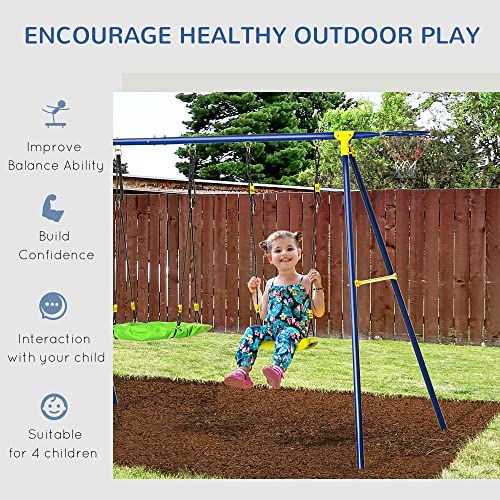 Outsunny Kids Metal Swing Set for Backyard, Outdoor Play Equipment, with Saucer Swing Adjustable Swing Seat, Basket Hoop, Climb Ladder, Net, A-Frame Metal Stand, for 3-10 Years Old, Green