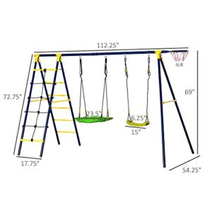 Outsunny Kids Metal Swing Set for Backyard, Outdoor Play Equipment, with Saucer Swing Adjustable Swing Seat, Basket Hoop, Climb Ladder, Net, A-Frame Metal Stand, for 3-10 Years Old, Green