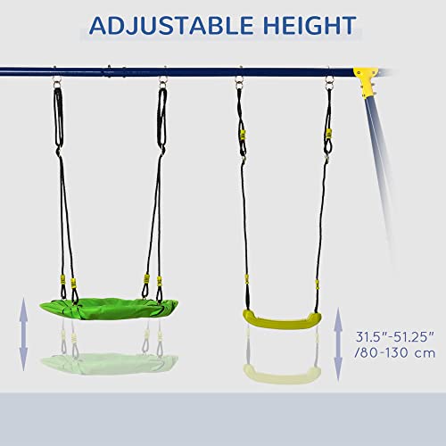 Outsunny Kids Metal Swing Set for Backyard, Outdoor Play Equipment, with Saucer Swing Adjustable Swing Seat, Basket Hoop, Climb Ladder, Net, A-Frame Metal Stand, for 3-10 Years Old, Green