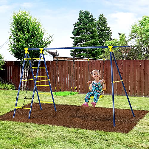 Outsunny Kids Metal Swing Set for Backyard, Outdoor Play Equipment, with Saucer Swing Adjustable Swing Seat, Basket Hoop, Climb Ladder, Net, A-Frame Metal Stand, for 3-10 Years Old, Green