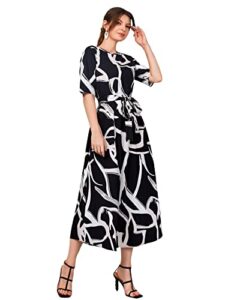 wdirara women's printed short sleeve round neck belted long dress elegant dresses black l