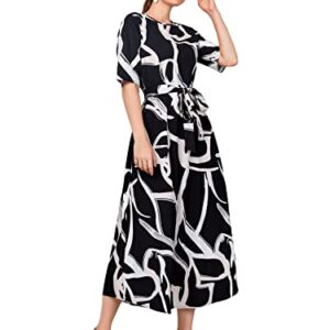 WDIRARA Women's Printed Short Sleeve Round Neck Belted Long Dress Elegant Dresses Black L