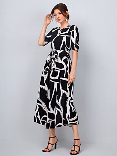 WDIRARA Women's Printed Short Sleeve Round Neck Belted Long Dress Elegant Dresses Black L