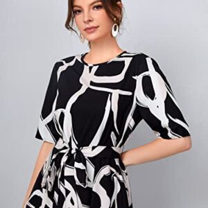 WDIRARA Women's Printed Short Sleeve Round Neck Belted Long Dress Elegant Dresses Black L