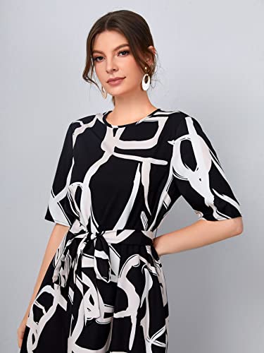 WDIRARA Women's Printed Short Sleeve Round Neck Belted Long Dress Elegant Dresses Black L