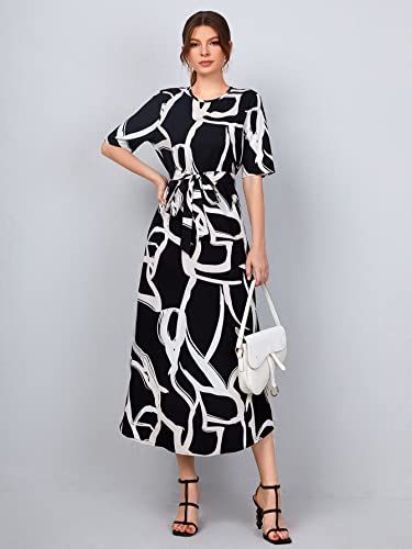 WDIRARA Women's Printed Short Sleeve Round Neck Belted Long Dress Elegant Dresses Black L