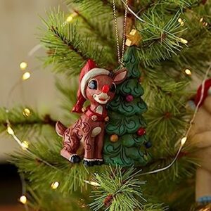 Enesco Jim Shore Rudolph The Red-Nosed Reindeer with Christmas Tree Hanging Ornament, 3.74 Inch, Multicolor