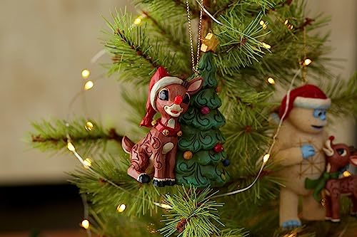 Enesco Jim Shore Rudolph The Red-Nosed Reindeer with Christmas Tree Hanging Ornament, 3.74 Inch, Multicolor