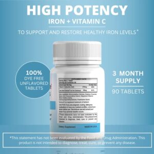 High Potency Carbonyl Iron Tablet 65 mg with 270 mg Vitamin C (90 Count), Dye Free (Pack of 1)