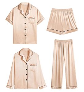 swomog women silk satin sleepwear button down pajamas set 4 pcs short sleeve loungewear champagne