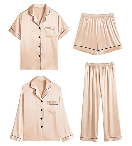 SWOMOG Women Silk Satin Sleepwear Button Down Pajamas Set 4 Pcs Short Sleeve Loungewear Champagne