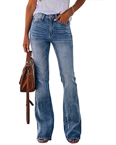 Koinshha Womens High Waisted Jeans Flare Stretch Boyfriend Casual Bootcut Denim Pants Light Blue