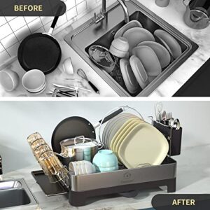 Genteen Large Dish Drying Rack, Dish Rack for Kitchen Counter, Stainless Steel Dish Drainers with Drainboard, Rotatable Spout and Utensil Holder - Gray