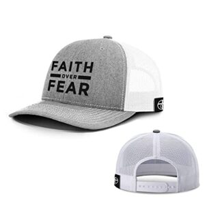 Our True God Faith Over Fear Back Mesh Hat Christian Inspirational Gift Baseball Cap (Heather Front/White Mesh) Medium-Large