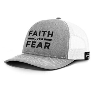 our true god faith over fear back mesh hat christian inspirational gift baseball cap (heather front/white mesh) medium-large