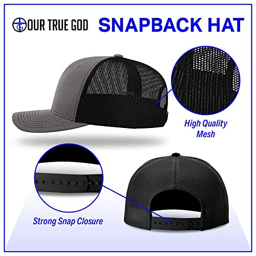 Our True God Faith Over Fear Leather Patch Back Mesh Hat Christian Motivational Baseball Cap (Charcoal Front/Black Mesh), Medium-Large