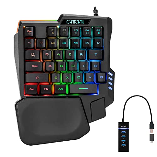 CHONCHOW One Handed Gaming Keyboard Rainbow LED Light Up, 35 Keys Protable Mini Single Hand Keyboard with Wrist Rest, Ergonomic Wired One Hand Keyboard for Xbox PS4 PS5 PC Laptop with USB Hub