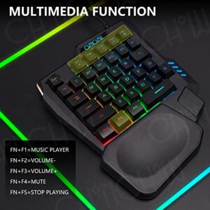 CHONCHOW One Handed Gaming Keyboard Rainbow LED Light Up, 35 Keys Protable Mini Single Hand Keyboard with Wrist Rest, Ergonomic Wired One Hand Keyboard for Xbox PS4 PS5 PC Laptop with USB Hub