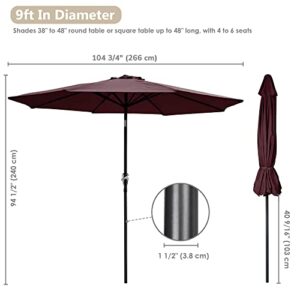 Yescom 9ft UV30+ Aluminum Outdoor Patio Umbrella with Crank & Tilt 8 Ribs Air-vented for Garden Yard Pool Deck wine