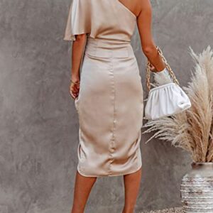 CUPSHE Women Satin Dress Backless One Shoulder Flared Short Sleeves Mid Length High Low Hem Cocktail Party Dress Champagne with Zipper M