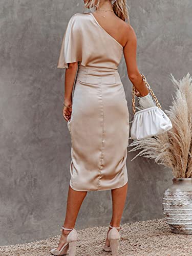 CUPSHE Women Satin Dress Backless One Shoulder Flared Short Sleeves Mid Length High Low Hem Cocktail Party Dress Champagne with Zipper M