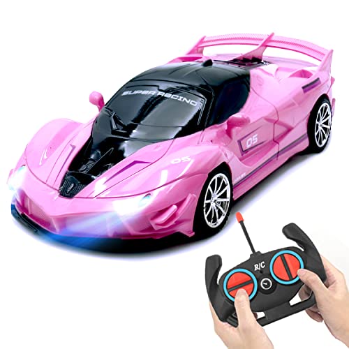 Remote Control Car for Kids- RC Sport Racing for Girls Hobby Toy, Electric Power On Road High Speed Drift Model Vehicle with Led Headlight and Controller Rechargeable, Adults Xmas Birthday Gifts Pink