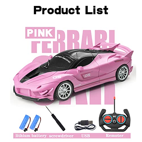 Remote Control Car for Kids- RC Sport Racing for Girls Hobby Toy, Electric Power On Road High Speed Drift Model Vehicle with Led Headlight and Controller Rechargeable, Adults Xmas Birthday Gifts Pink